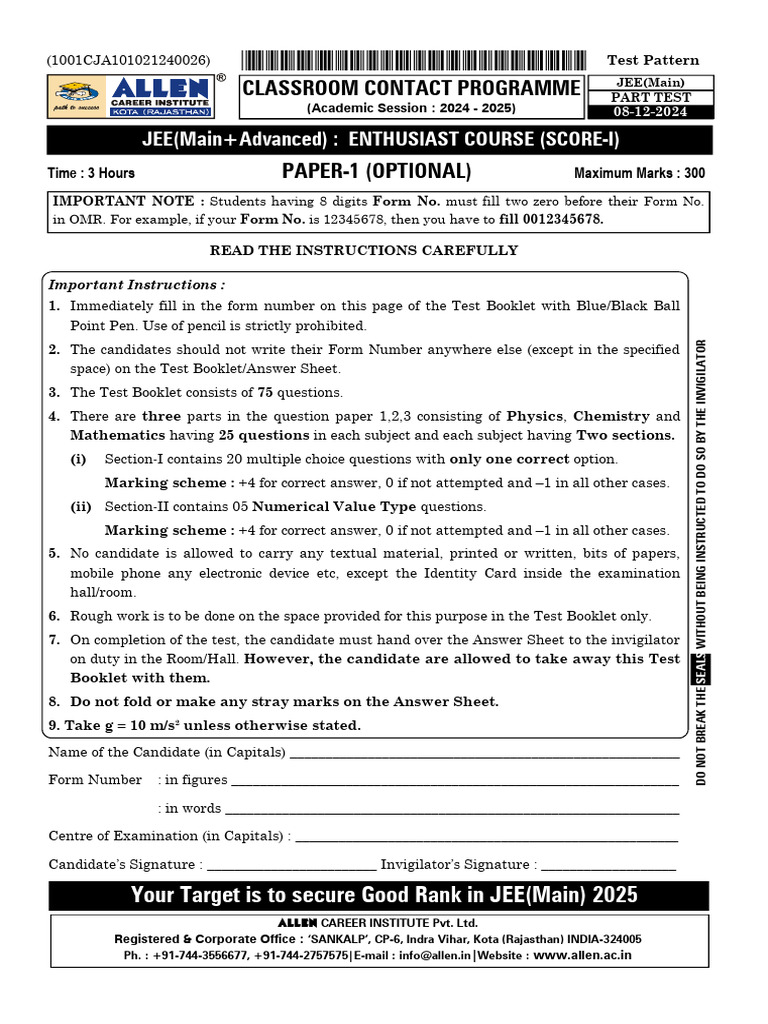 Jee Main Part Test - 2 - QP | PDF | Force | Physics
