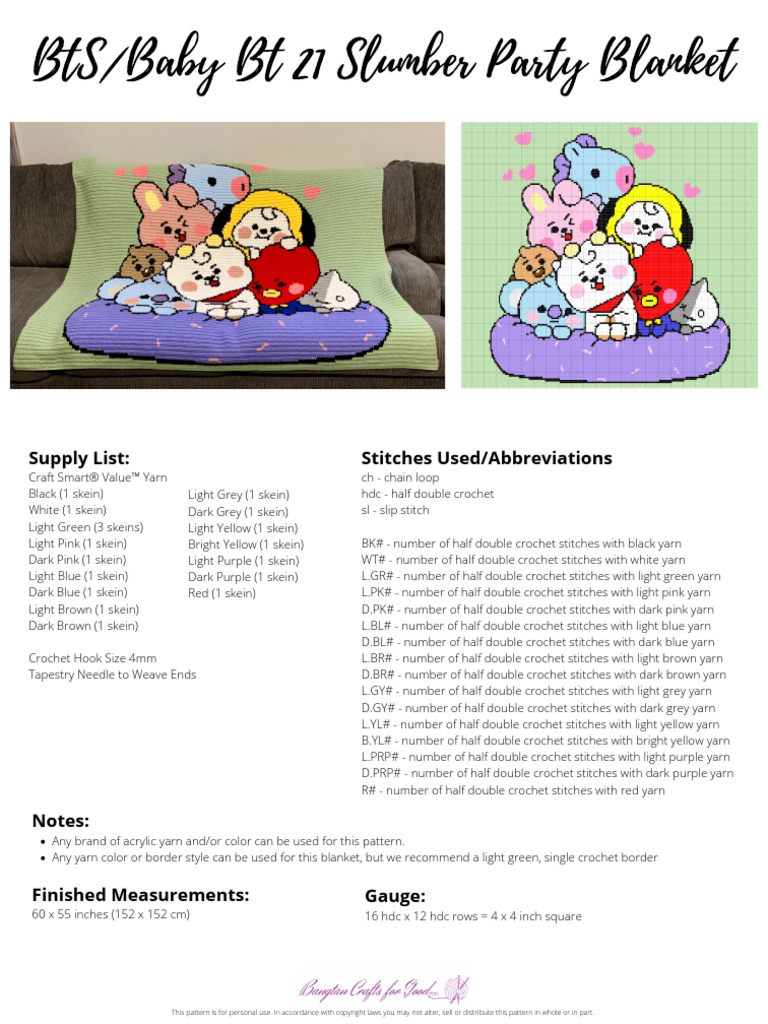 BTS BT21 Baby SlumberParty Blanket Throw | PDF | Crochet | Yarn