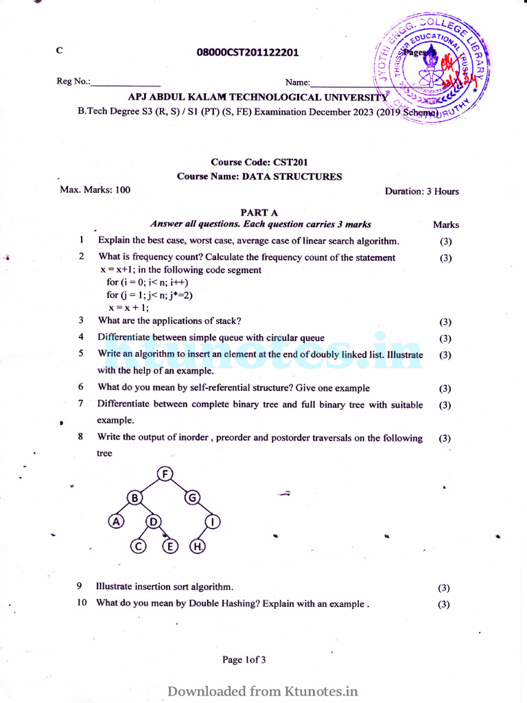 CST201 Data Structures, December 2023 | PDF | Computational Science | Computer Programming