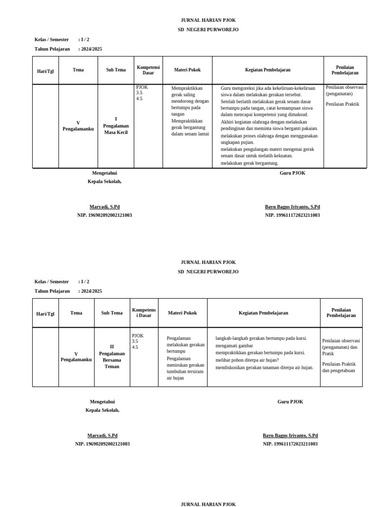 JURNAL HARIAN 2 E-Pjok - KELAS 1 Sem2 | PDF
