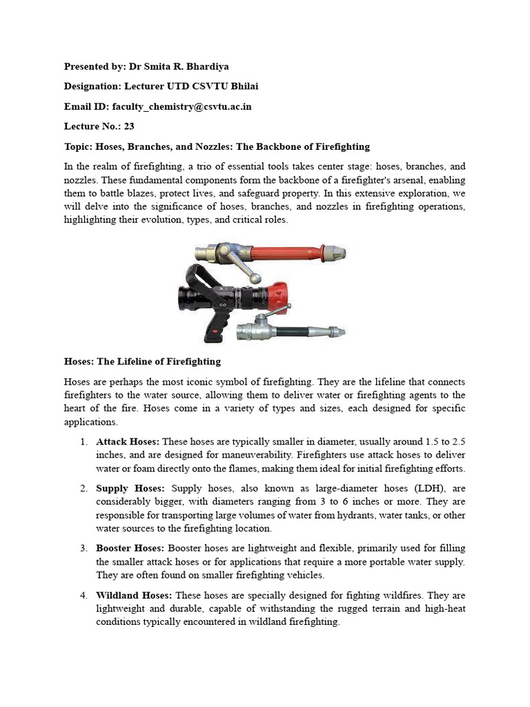 Lecture 23 Hoses Branches and Nozzles | PDF | Firefighting | Firefighter