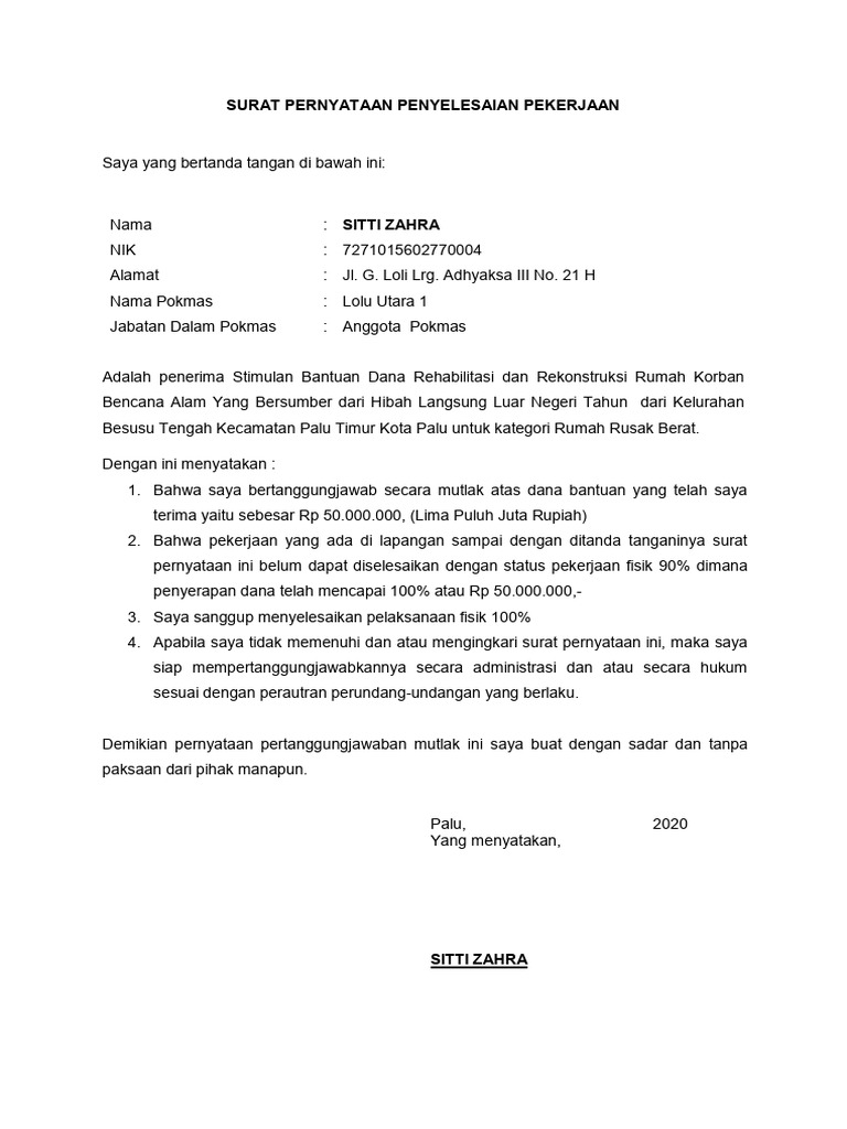 Surat Pernyataan Tanggung Jawab Pekerjaan | PDF