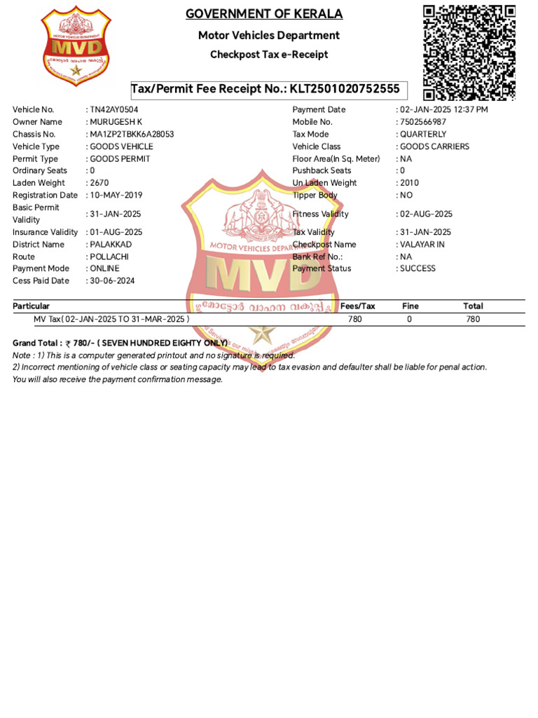 Tax/Permit Fee Receipt No.: KLT2501020752555: Motor Vehicles Depa Ment ...