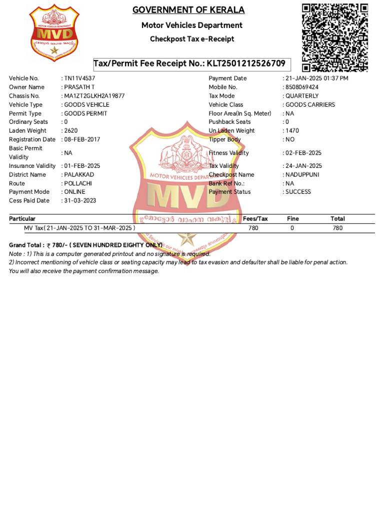 Tax/Permit Fee Receipt No.: KLT2501212526709: Motor Vehicles Depa Ment ...