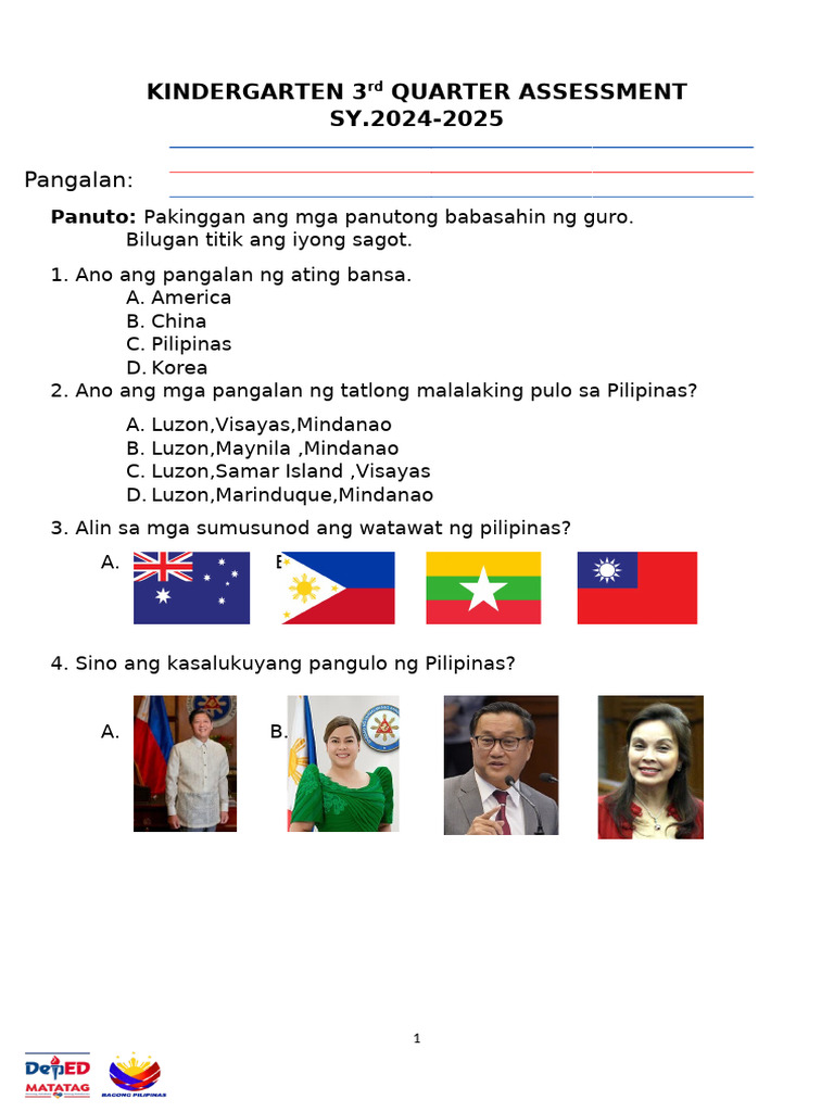 KINDERGARTEN QUARTER 3 ASSESSMent Items 1 6 | PDF