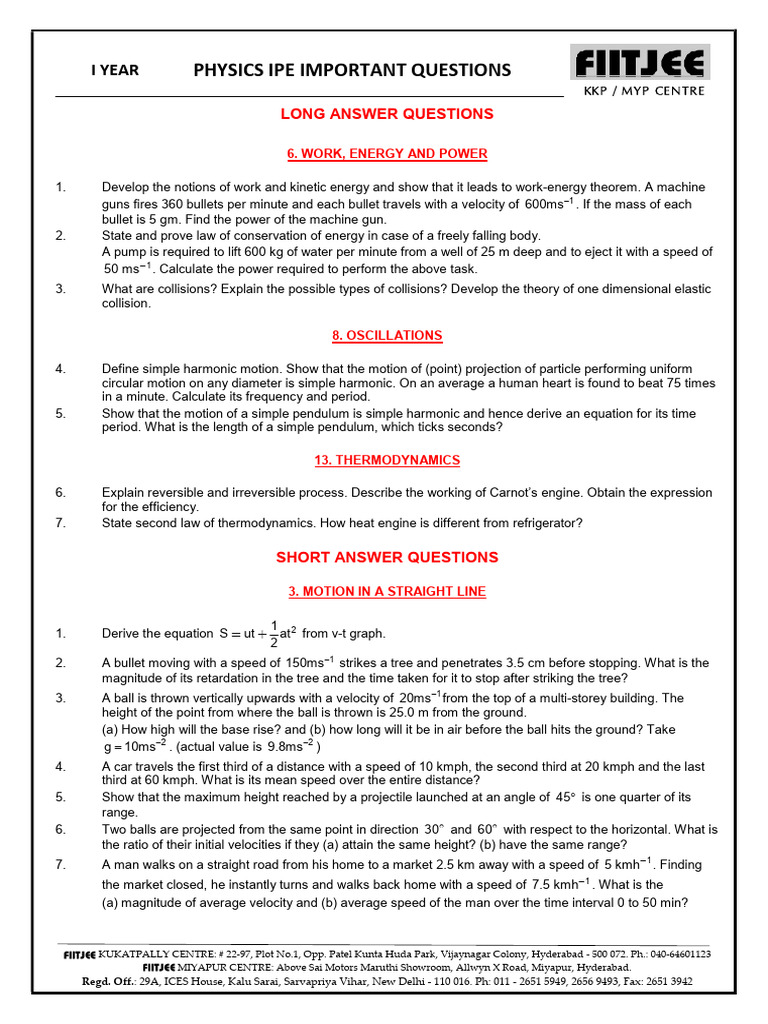First Year Ipe Important Questions-1 | PDF | Force | Torque