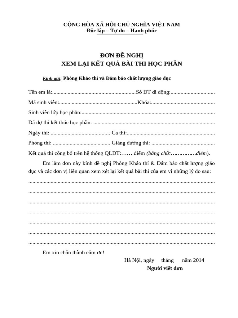 Mẫu Đơn Đề Nghị Xem Lại Bài Thi HP | PDF