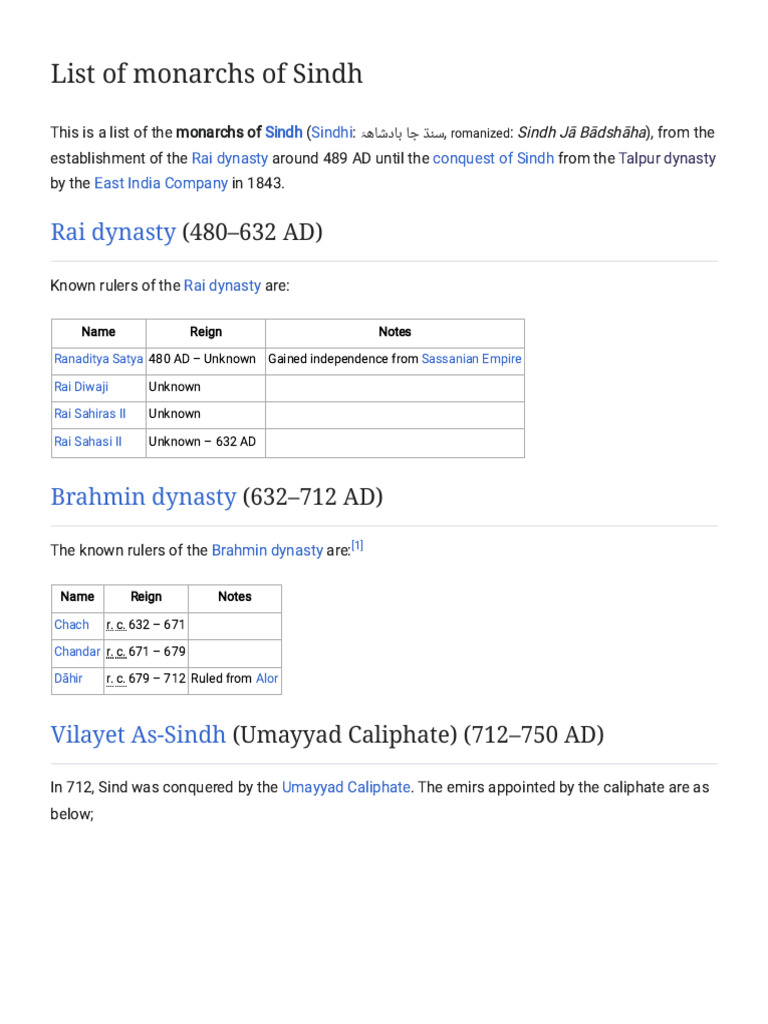 List of Monarchs of Sindh - Wikipedia | PDF