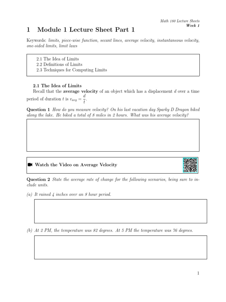 Math 180 Lecture Sheets-M1P1 | PDF | Velocity | Function (Mathematics)