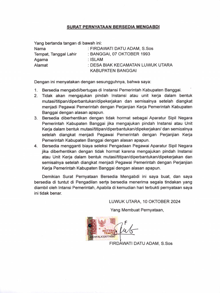 Surat Pernyataan Bersedia Mengabdi | PDF