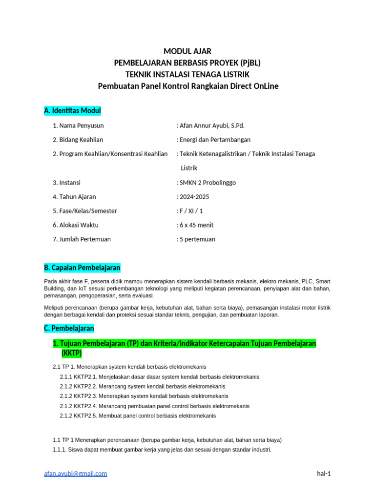 IML - Modul Ajar - PJBL Instalasi Motor Listrik | PDF