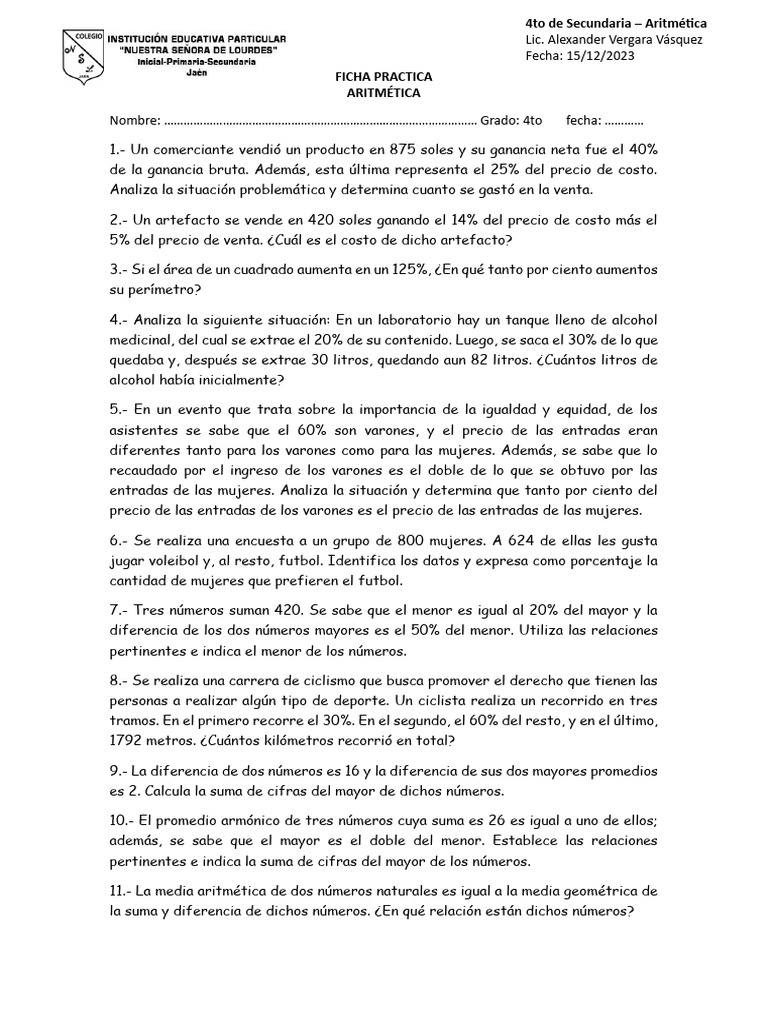 Problemas de Aritmética para 4to Grado | PDF | Porcentaje