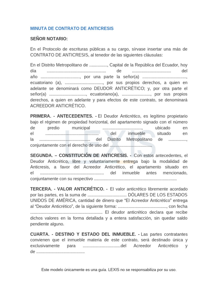 MINUTA CONTRATO DE ANTICRESIS | PDF