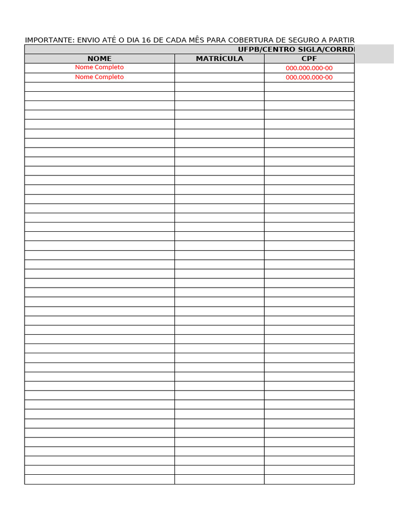 Planilha Modelo Solicitacao Seguro Atentar para Formato de CPF e Data ...