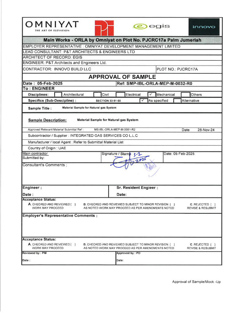 SMP-IBL-ORLA-MEP-M-0032-R0-Material Sample for Natural gas System | PDF