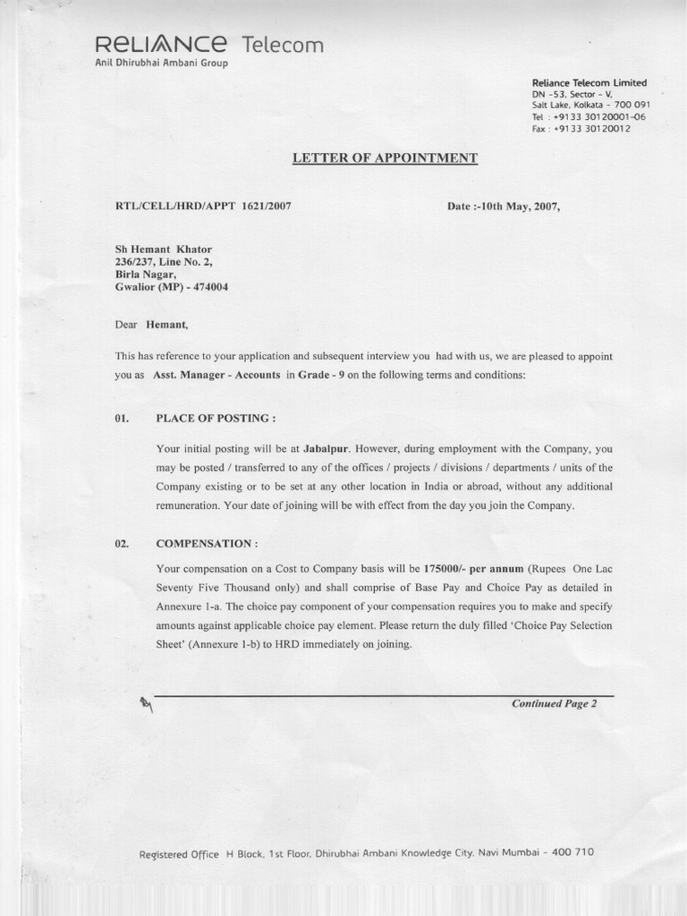 Reliance Offer Letter | PDF