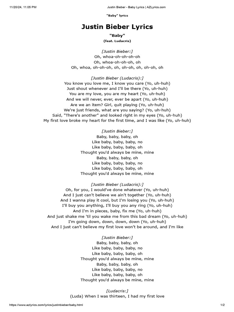 Justin Bieber - Baby Lyrics | PDF | Rhythm And Blues Songs ...