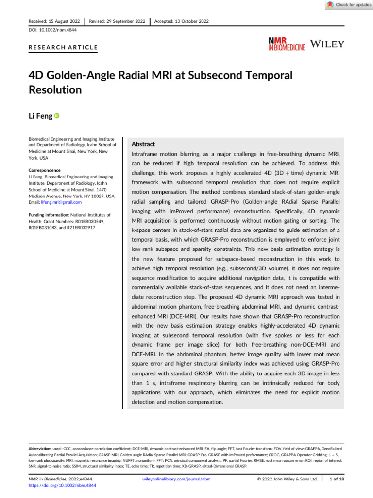 NMR in Biomedicine - 2022 - Feng - 4D Golden Angle Radial MRI at Subsecond Temporal Resolution ...