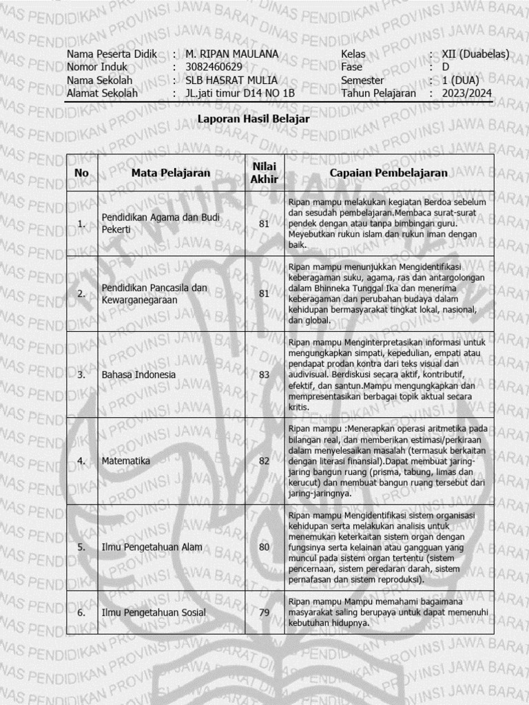 Rapot - Ripan - Sem - 1 2024-2025 | PDF