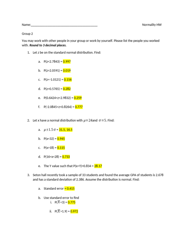 Normality and Probability HW - Group 2 | PDF