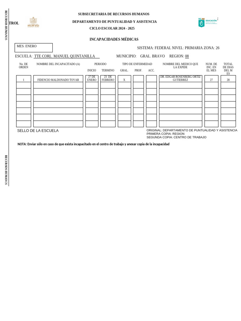 INCAPACIDAD en Blanco (1) FORMATO | PDF