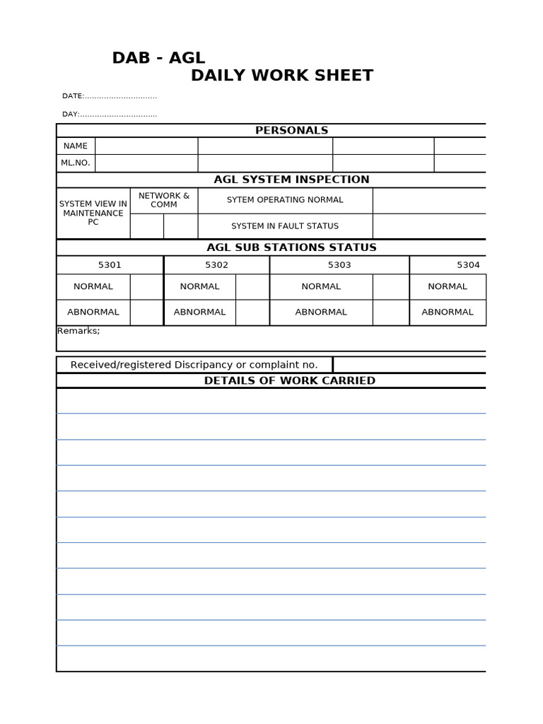 Dab - Agl Daily Work Sheet: Personals | PDF