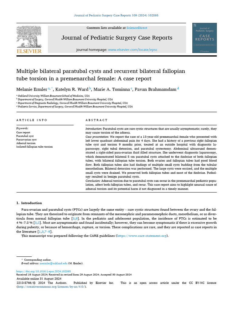 Multiple Bilateral Paratubal Cysts and Recurrent Bila 2024 Journal of ...