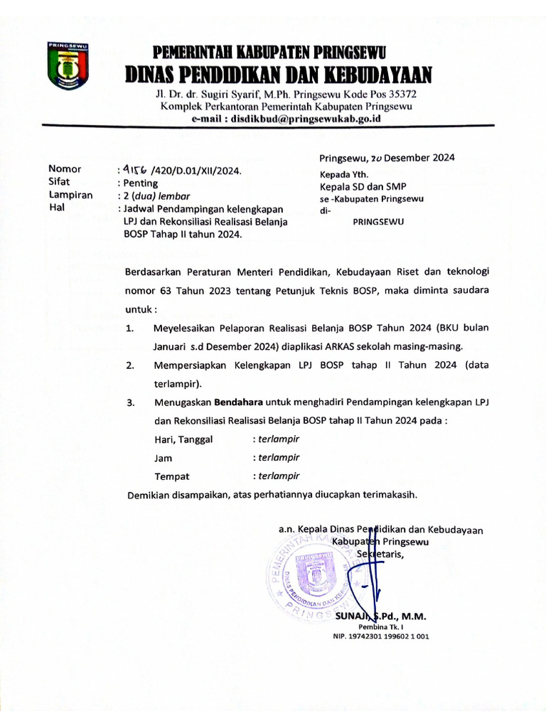 jadwal pendampingan kelengkapan LPJ BOSP tahap 2 | PDF