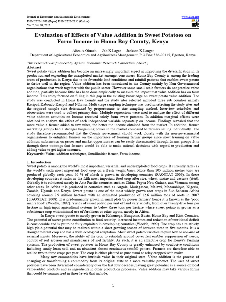 Evaluation of Effects of Value Addition | PDF | Sweet Potato | Potato