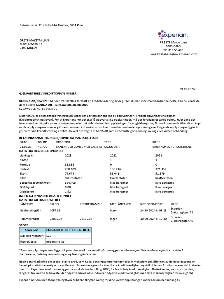 2024.10.31 Experian As Brev Fra Kredittopplysningsbyra | PDF