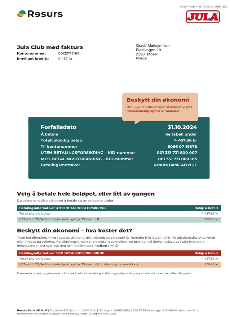2024.10.11 Resurs Bank AB NUF Faktura Fra Resurs Bank | PDF