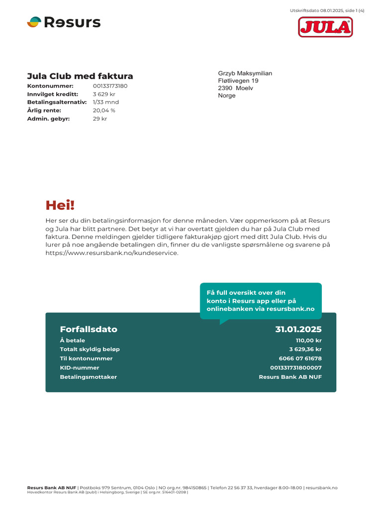 2025.01.13 Resurs Bank AB NUF Faktura Fra Resurs Bank | PDF