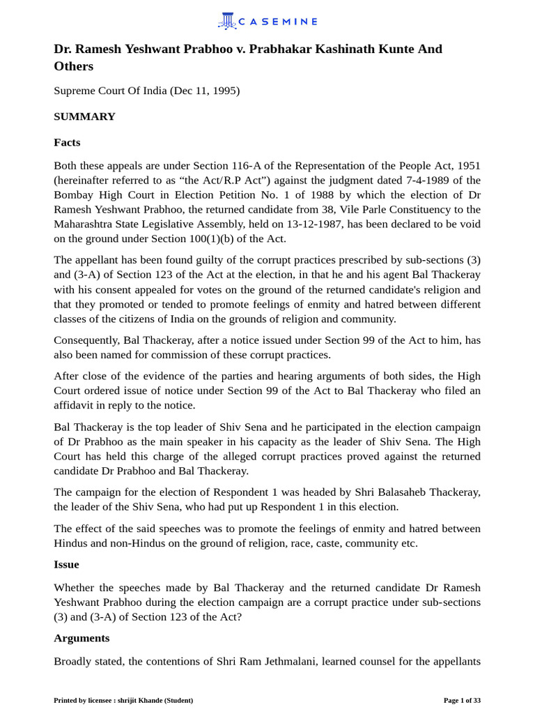 CASEMINE - Dr. Ramesh Yeshwant Prabhoo v. Prabhakar Kashinath Kunte and Others | PDF