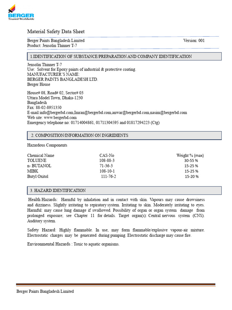 Jensolin Thinner T-7 Safety Data Sheet | PDF | Toxicity | Occupational ...