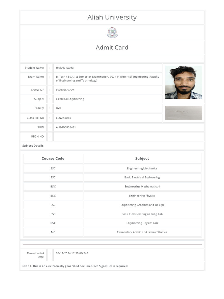 Aliah University B. Tech Admit Card 2024 | PDF