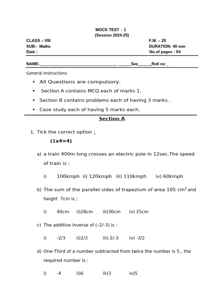 Class VIII Maths Mock Test 2024-25 | PDF