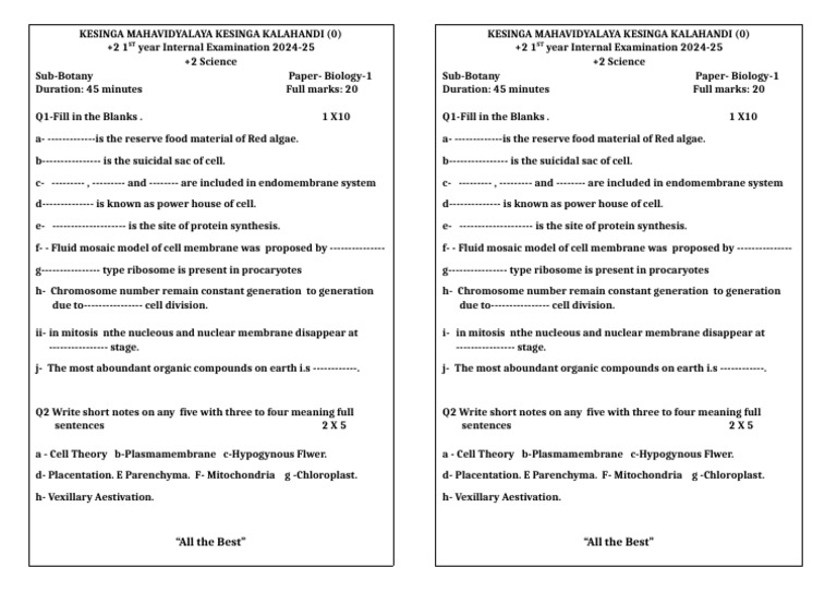1st Year Inter Exam - 2024-25 (Botany) | PDF | Cell (Biology) | Cell ...