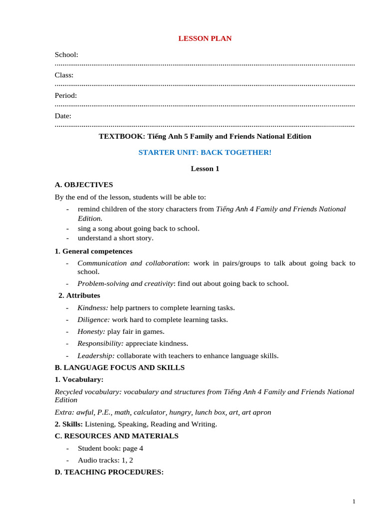 STARTER UNIT - LESSON 1 | PDF | Question | Lesson Plan