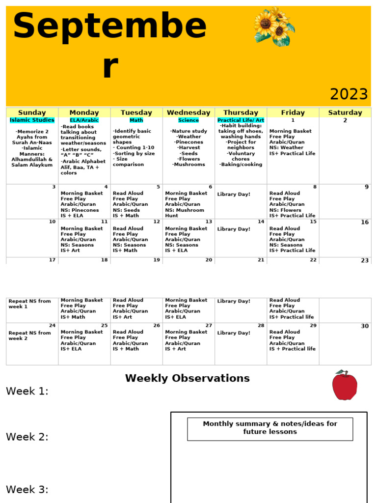 Preschool Editable Monthly Lesson Plan Calendar | PDF | Quran | Islam