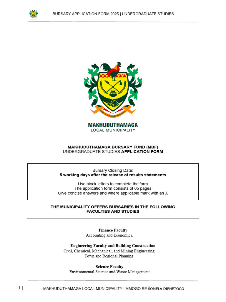 Makhuduthamaga Bursary Fund (MBF) Application Form 2025 | PDF
