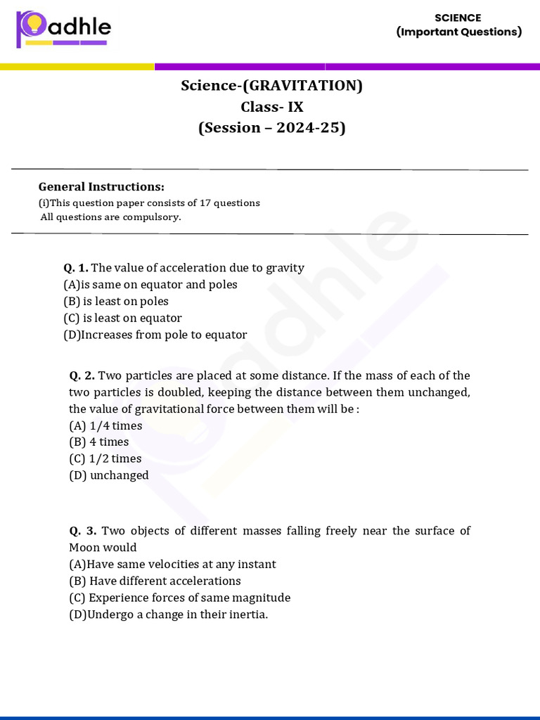 SCIENCE - GRAVITATION - (MIQ) - by Just Padhle | PDF | Gravity | Force
