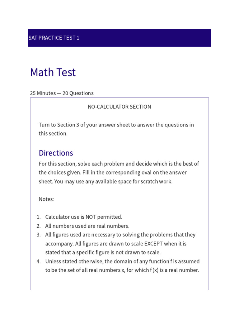 SAT 1 No Calculator | PDF | Circle | Mathematics