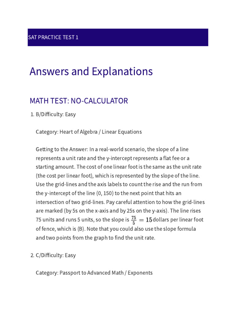 SAT 1 No Calculator Solutions | PDF | Quadratic Equation | Equations