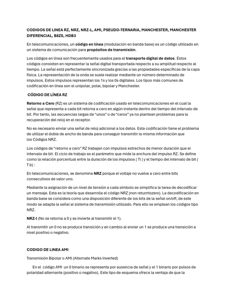 Tipos de Códigos de Línea en Telecomunicaciones | PDF ...