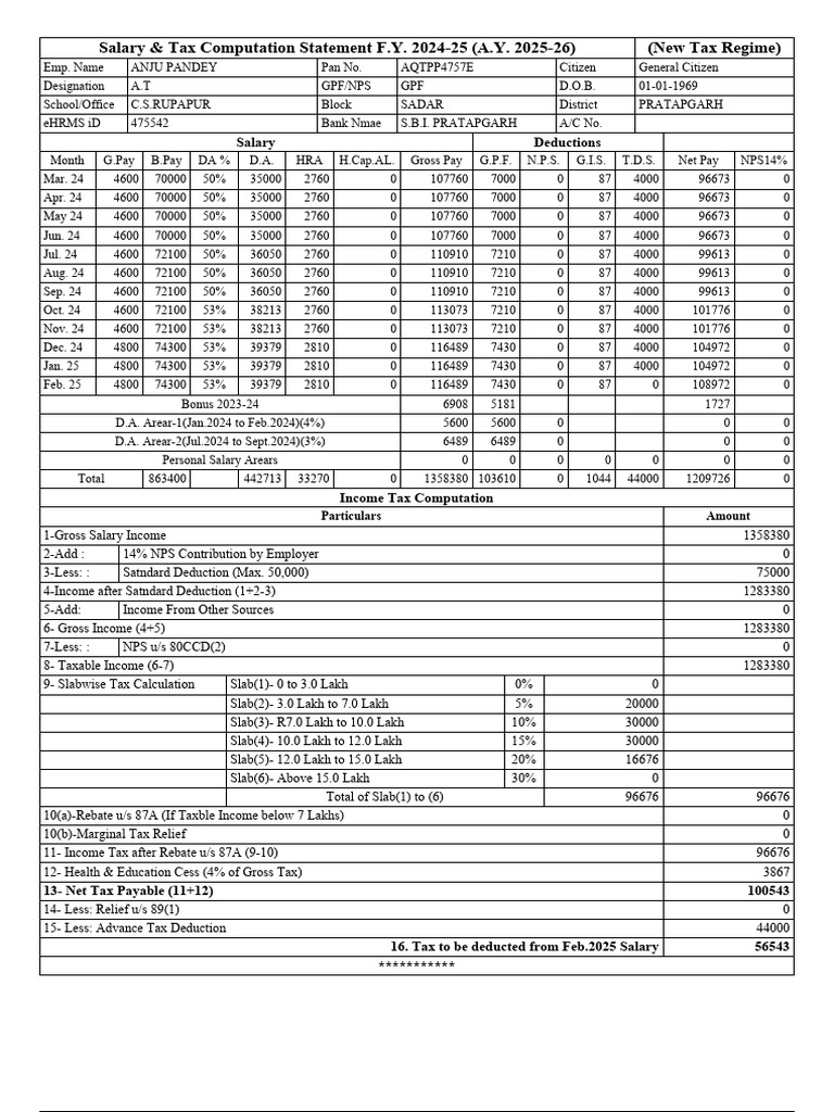 Anju Pandey Tax Regime 2025-26 | PDF | Tax Deduction | Income Tax