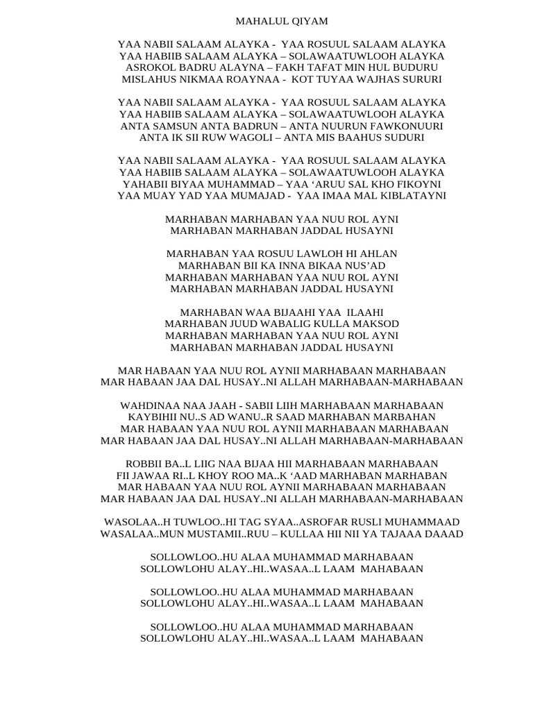 Islamic Nasheed Lyrics: Ya Nabi Salaam Alayka | PDF