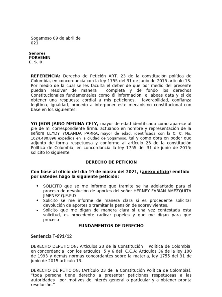 Derecho de Peticion Herney Fabian | PDF | Petición | Constitución