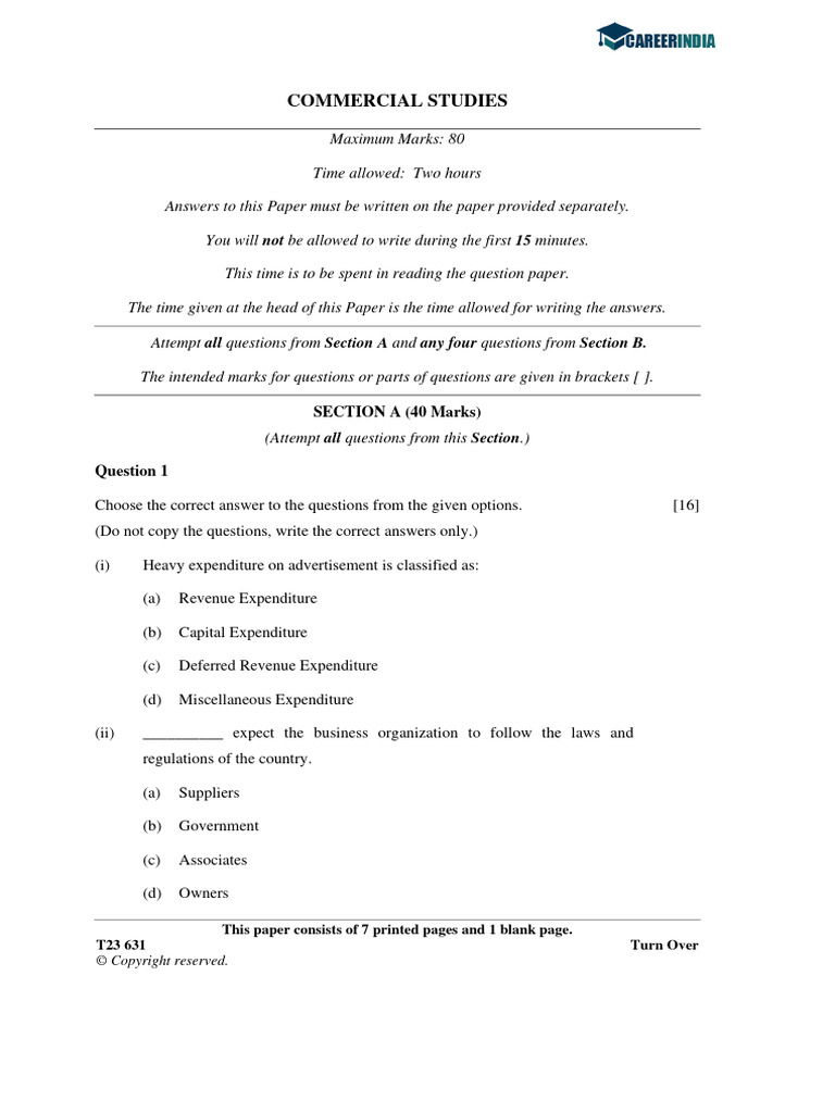 ICSE Commercial Studies Question Paper 2023 | PDF | Business | Economies