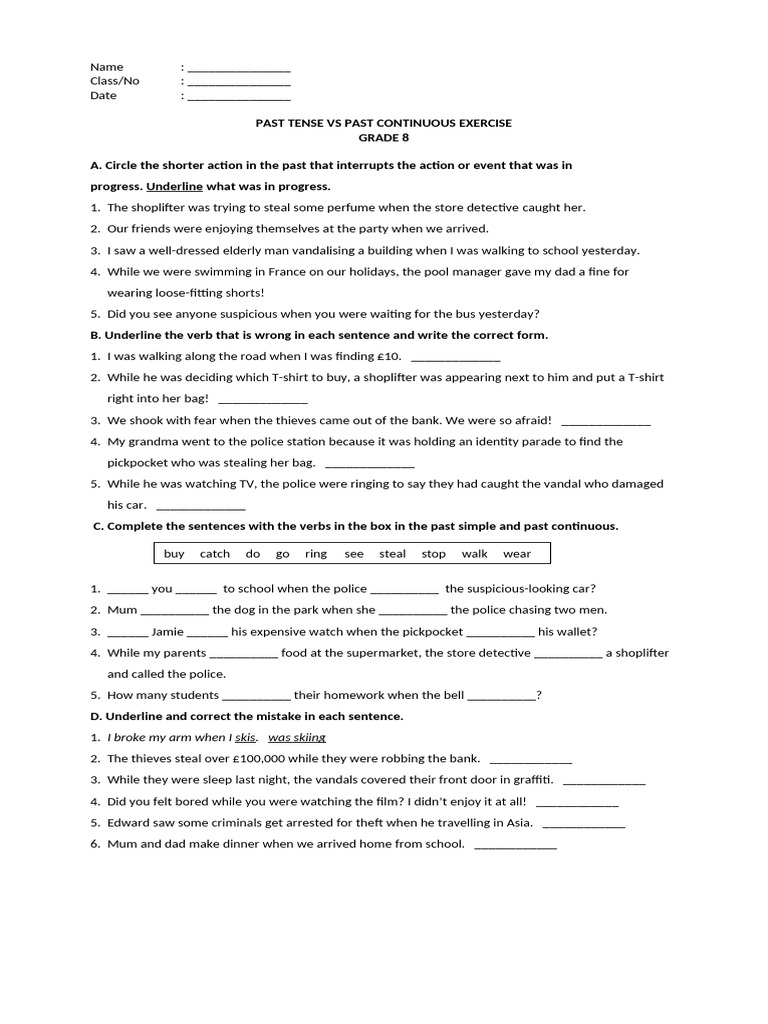 Past Tense Vs Past Continuous Exercise | PDF | Crimes | Crime & Violence