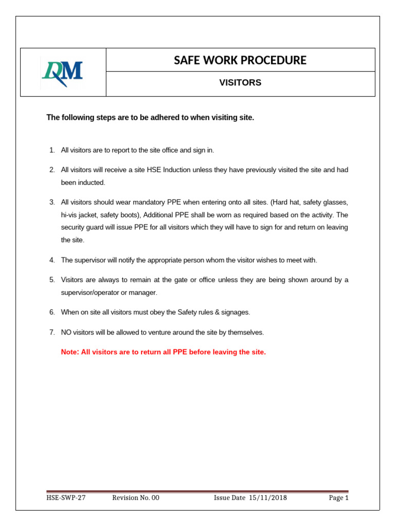 Site Visitor Safety Procedures | PDF
